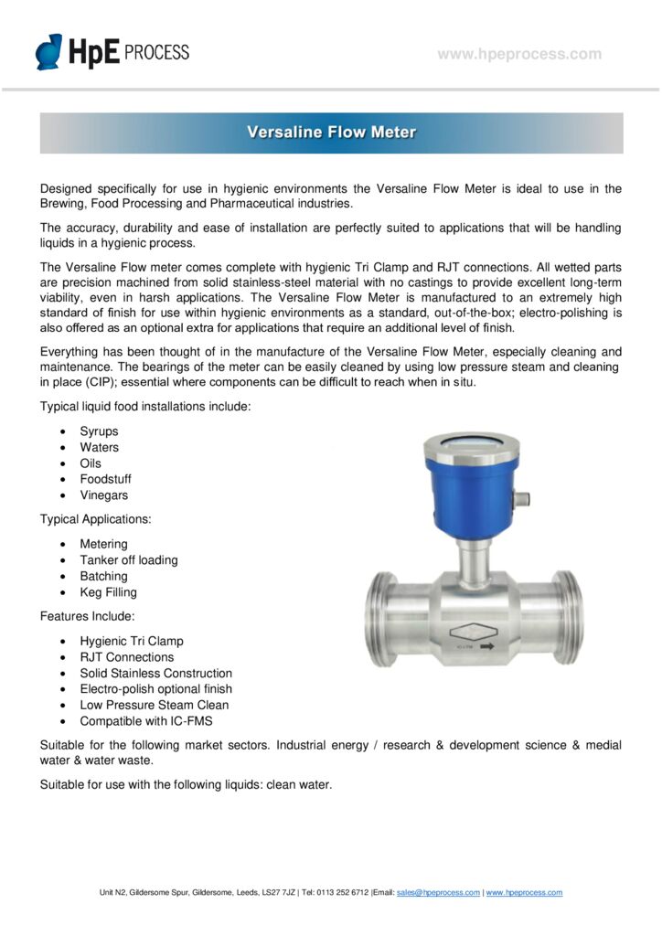 Versaline Flow Meter - HpE Process Ltd